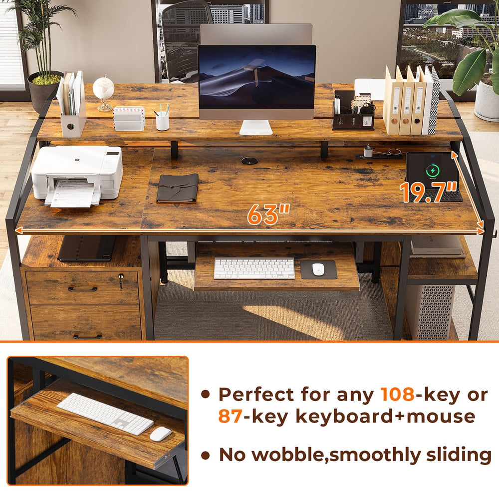 63 Inches LED Gaming Desk with Drawers Rustic Brown | Sikaic
