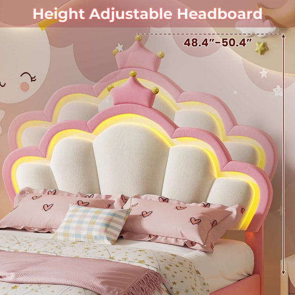 SIKAIC Girls Full Bed Frame with Princess Crown and LED Pink | Sikaic
