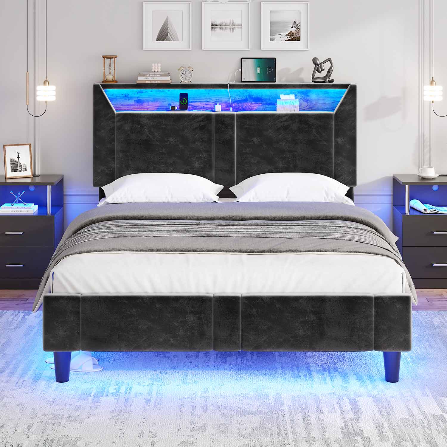 Velvet Bed Frame with Storage Headboard Under Lights Charging Station Queen Black