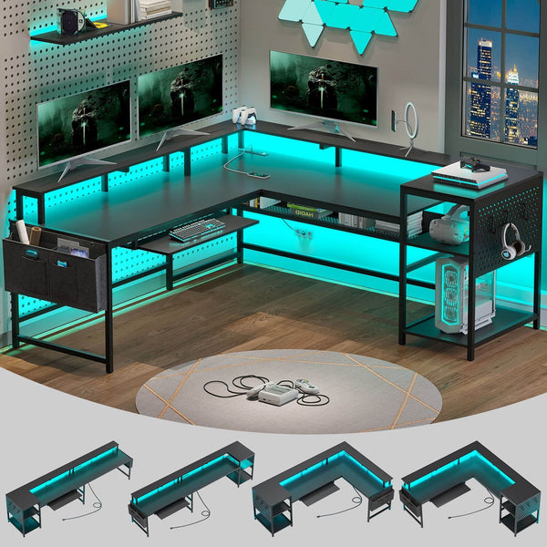 96 Inch L Shaped Reversible LED Gaming Desk Black | Sikaic