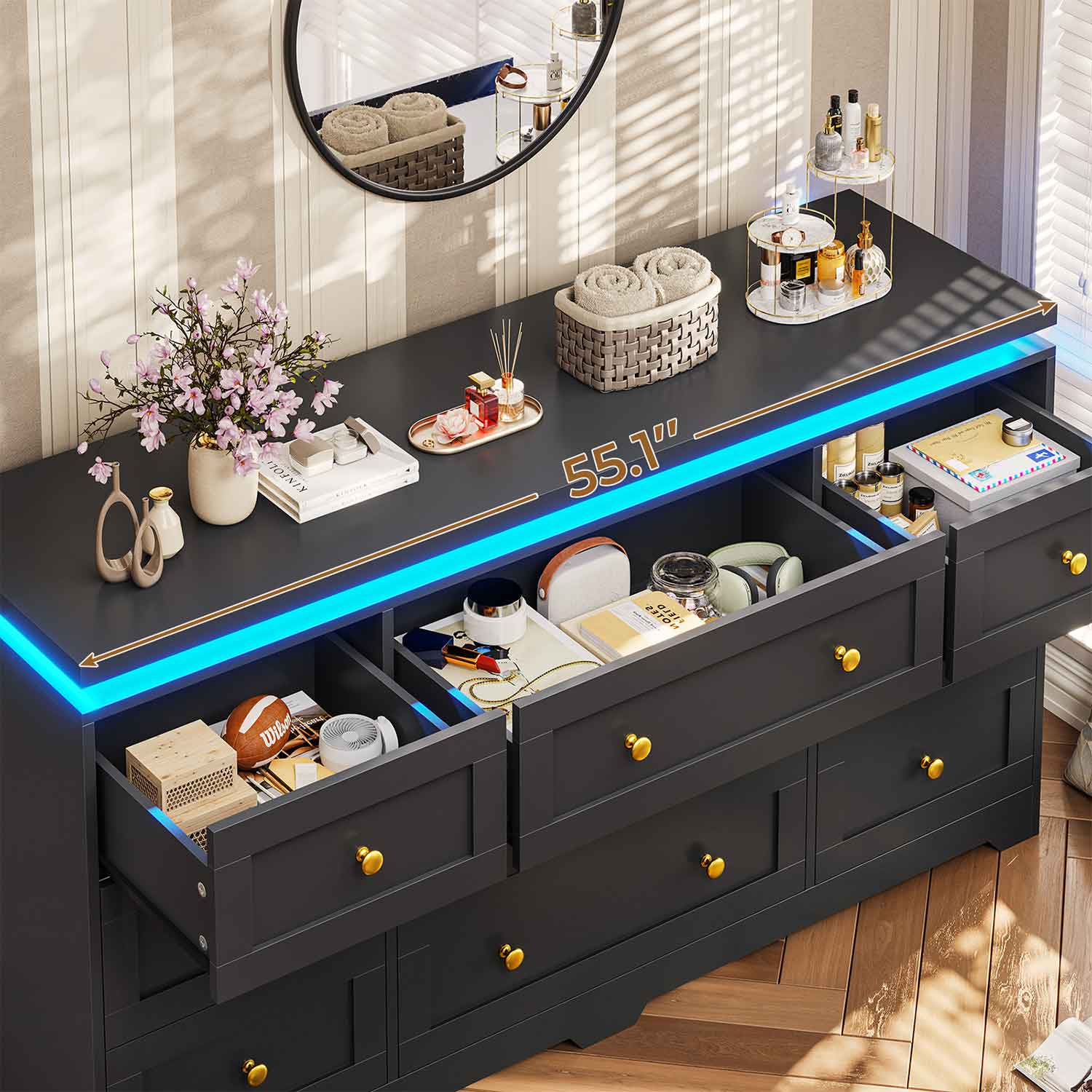 55.1 Inches LED Modern Wide Dresser With 9 Drawers Black