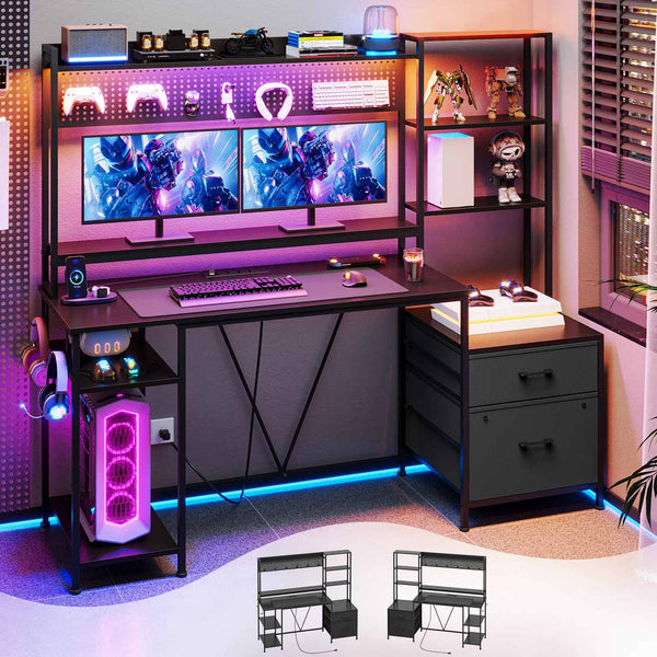 Sikaic 65in Reversible LED Gaming Desk with Outlets Black