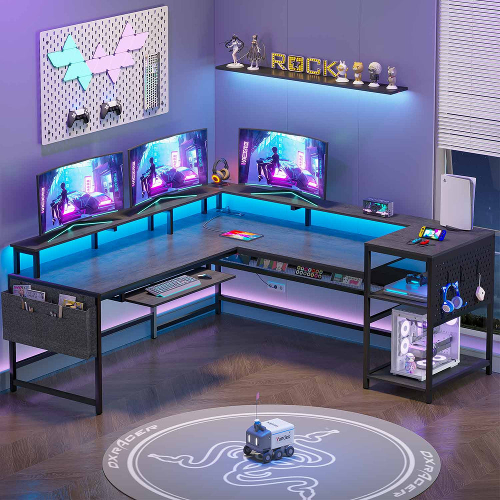 96 Inch Desk – L Shaped Grey Gaming Desk with LED | Sikaic